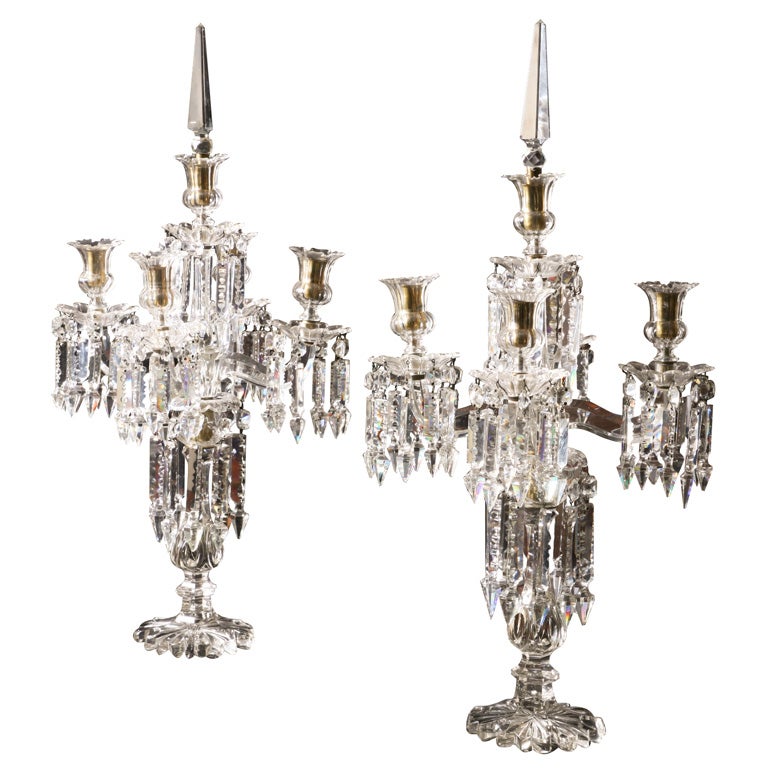 Pr. 19thc. French 5 Light Cut Crystal Candelabra poss. Baccarat at 1stDibs