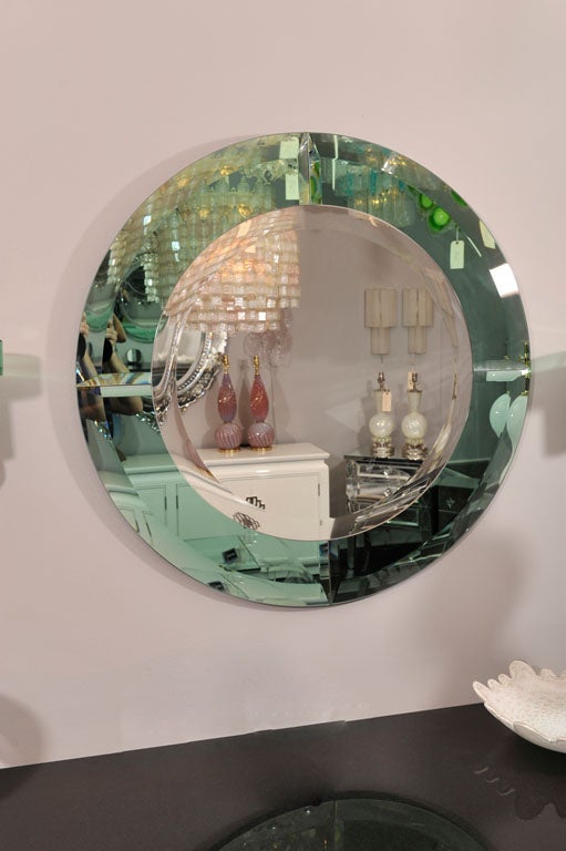 Custom Round Beveled Green Glass Mirror For Sale At 1stdibs