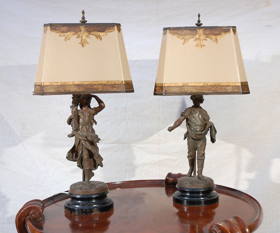 Charming Pair of French Figurine Lamps with Custom Shades at 1stDibs