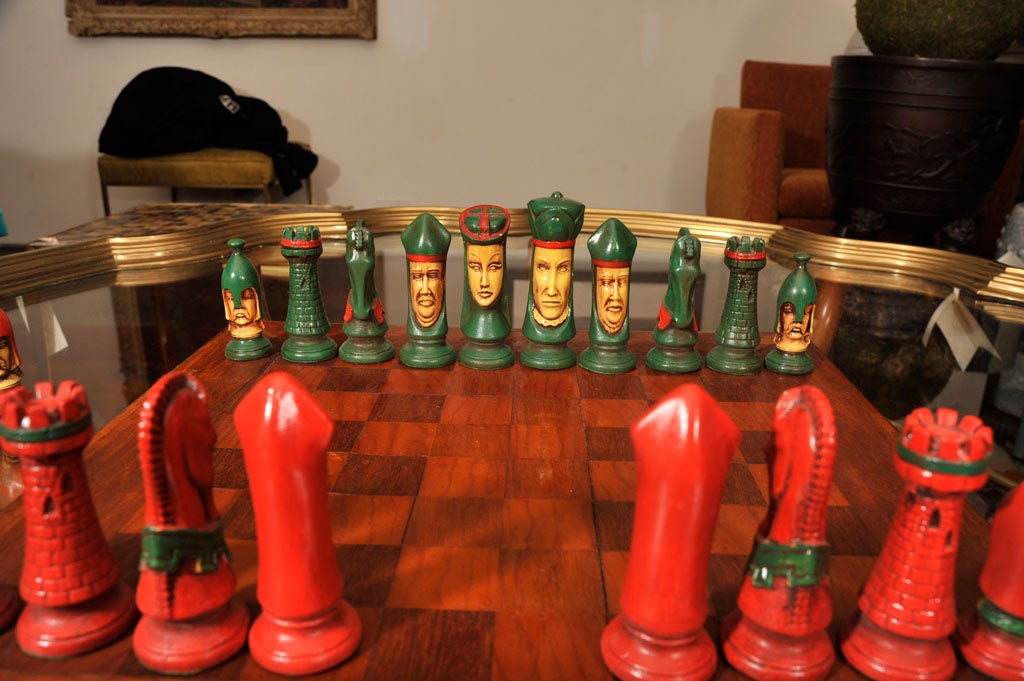 Scandinavian Painted Plaster Chess Set and Board at 1stDibs