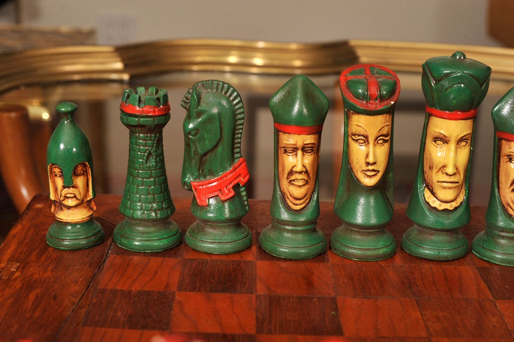 Scandinavian Painted Plaster Chess Set and Board at 1stDibs