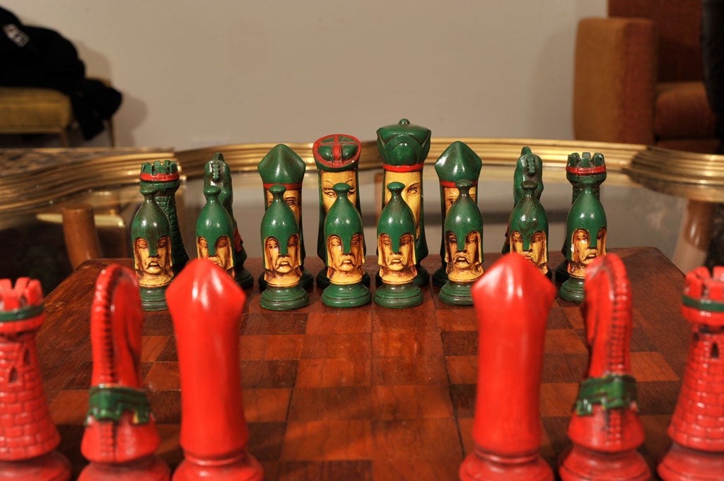 Scandinavian Painted Plaster Chess Set and Board at 1stDibs