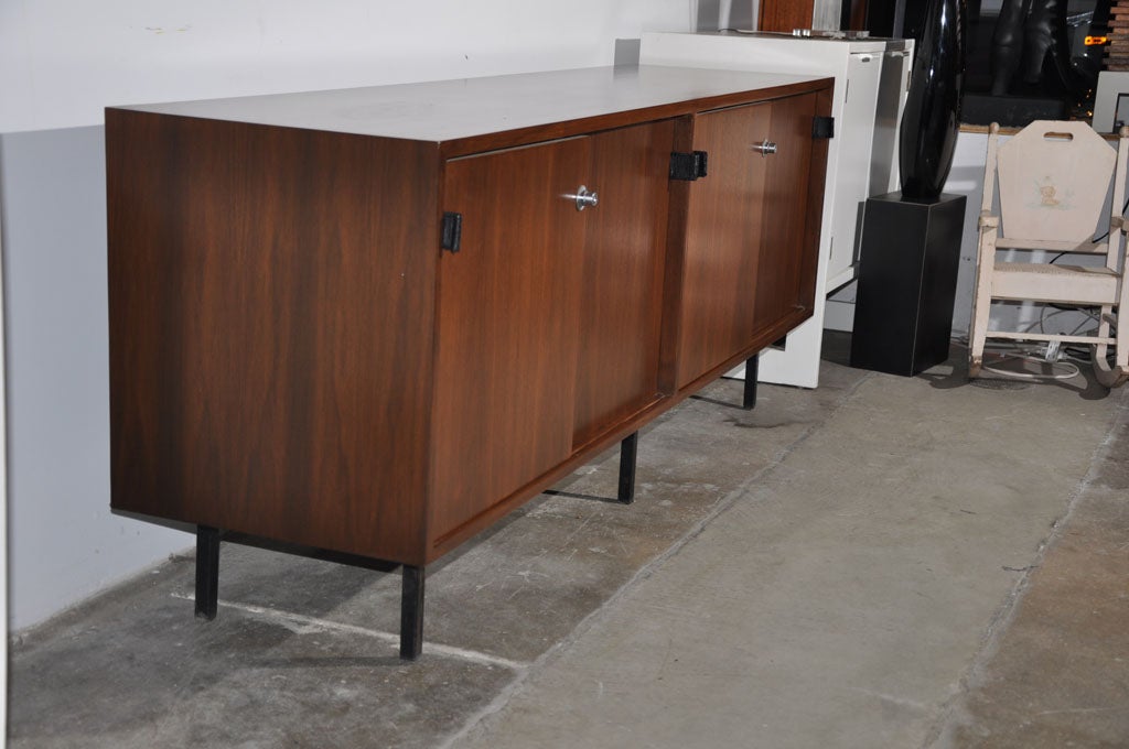 Leather Pull Florence Knoll Walnut Credenza with Locking Doors at 1stDibs