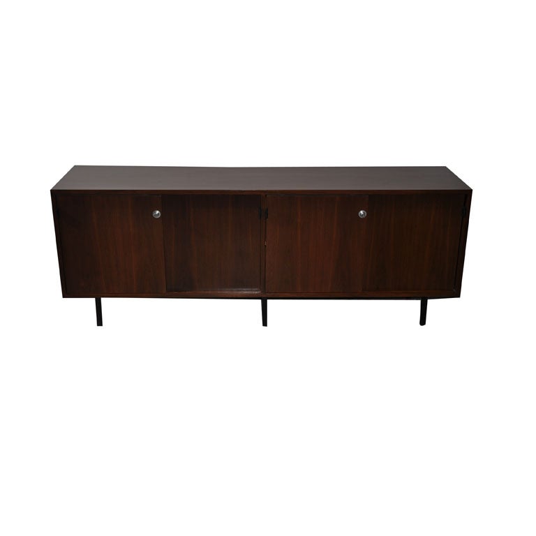 Leather Pull Florence Knoll Walnut Credenza with Locking Doors at 1stDibs