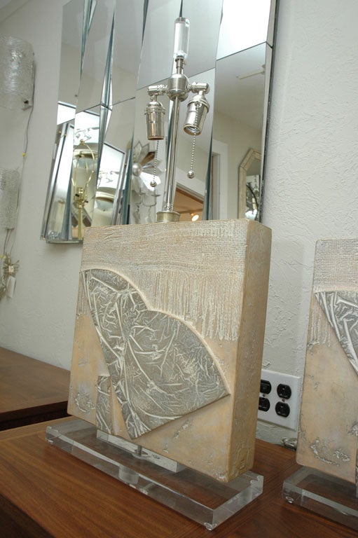 Pair of Carved Stone Table Lamps w/Faux Fossil Elements and Lucite Base ...