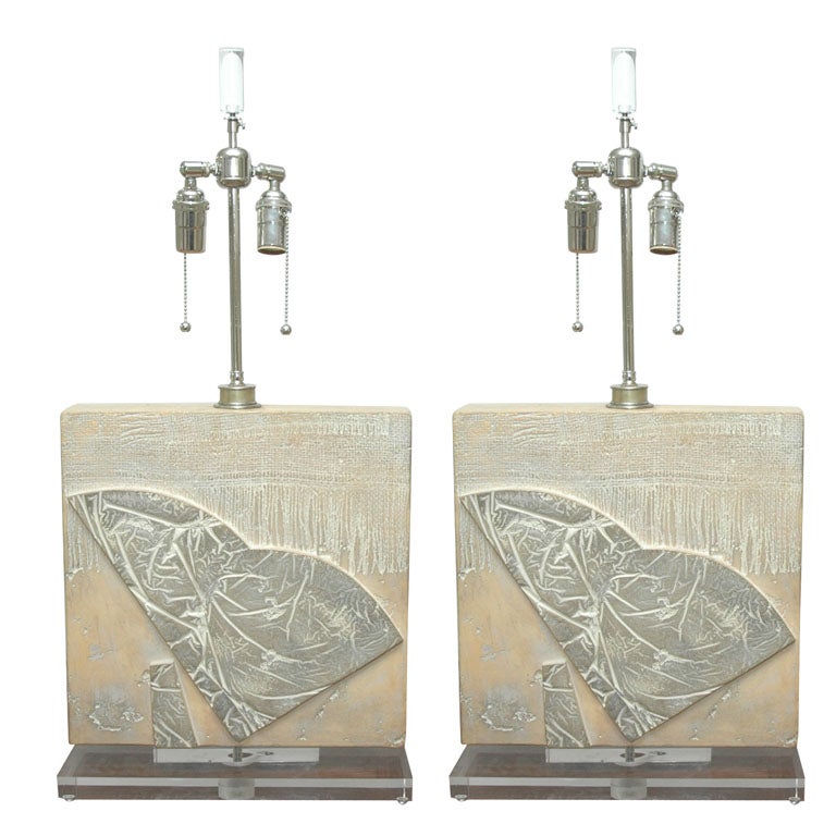 Pair of Carved Stone Table Lamps w/Faux Fossil Elements and Lucite Base ...