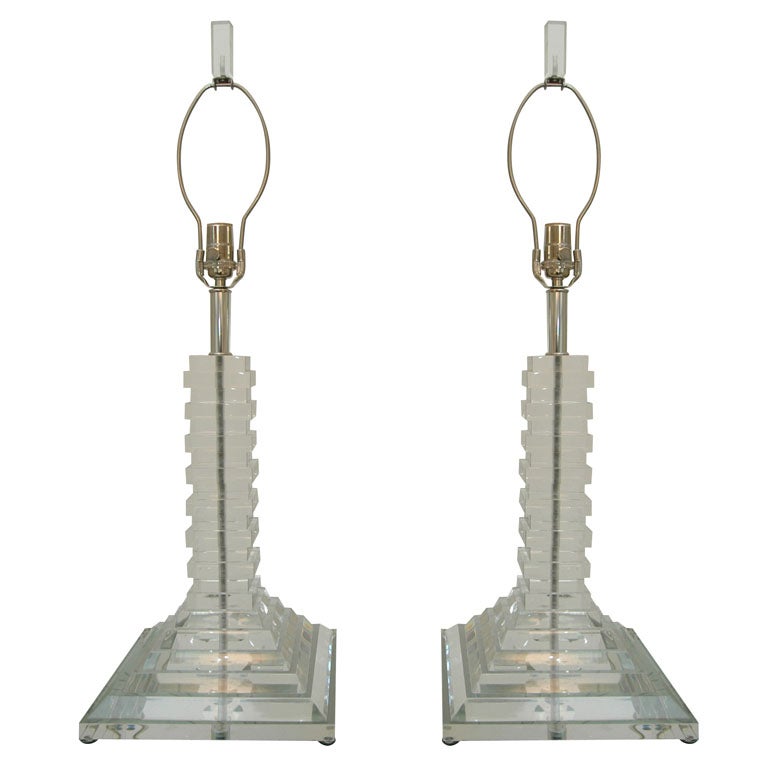 Pair of Lucite Stacked Block Lamps For Sale at 1stDibs