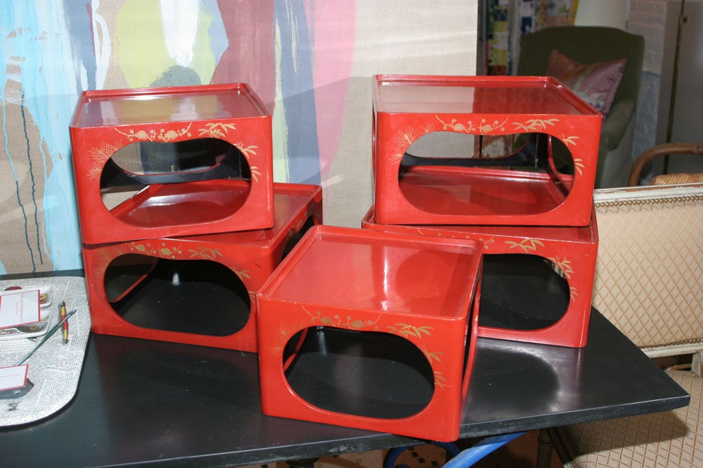 A Nest of Five Antique Japanese Red Lacquer Stands For Sale at 1stDibs