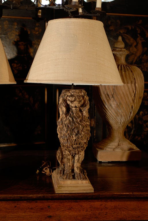 Pair of Wooden Carved Sitting Lion Table Lamps, circa 1880 with Empire ...