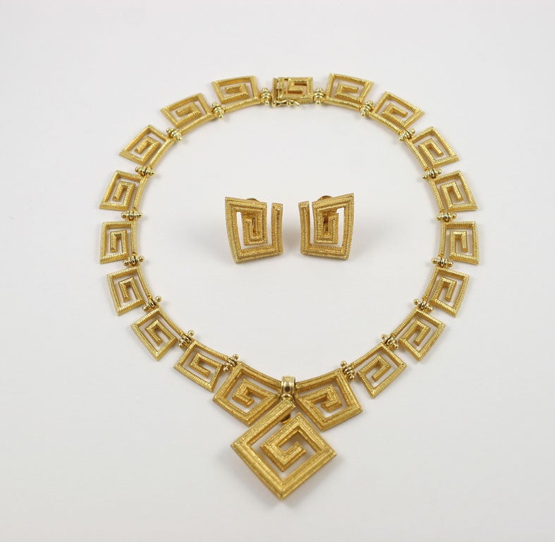 18kt Yellow Gold Greek Key Necklace Suite at 1stDibs
