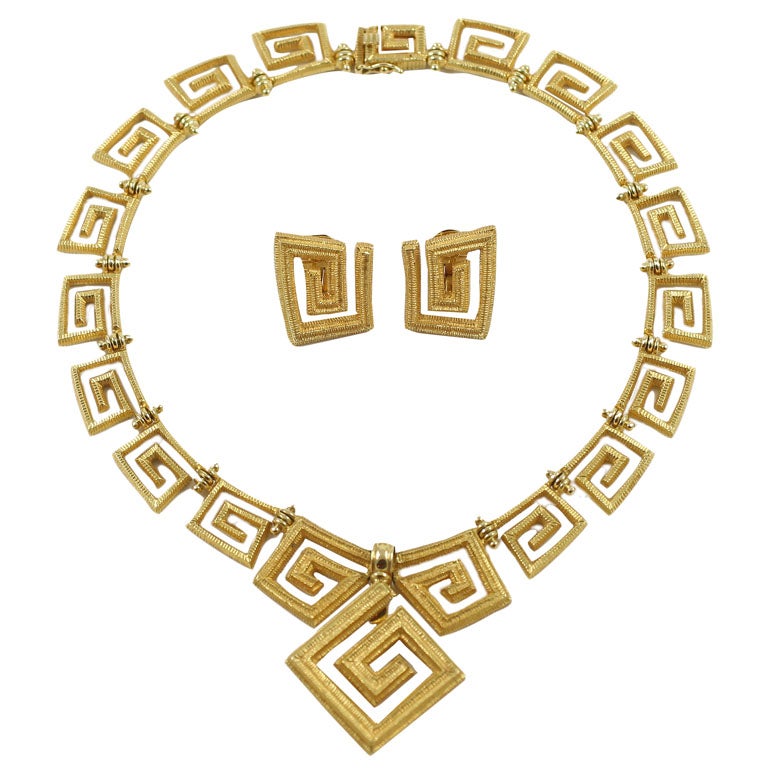 18kt Yellow Gold Greek Key Necklace Suite at 1stDibs