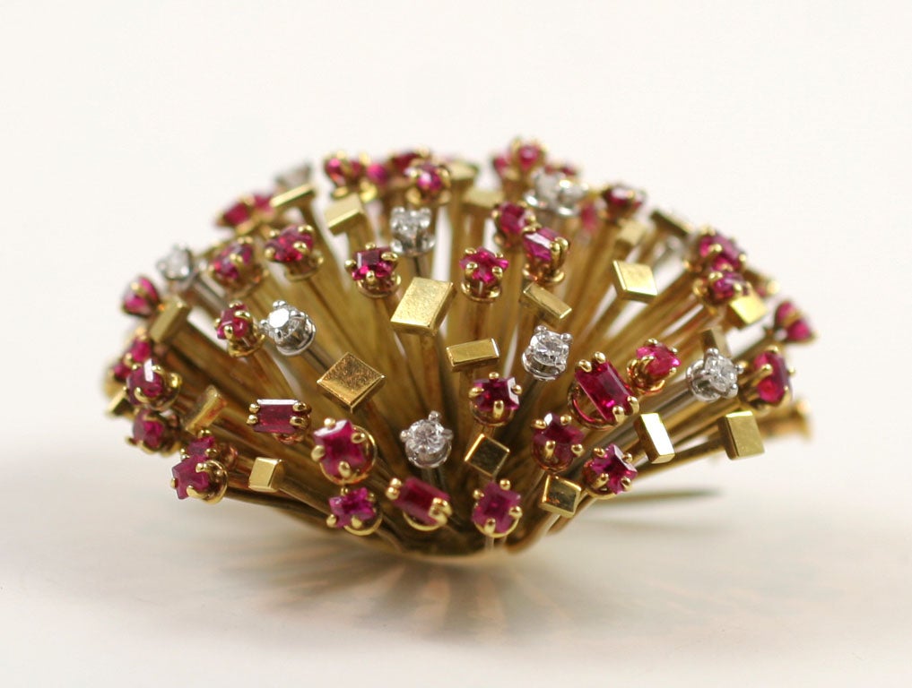 Sparkling Grima Ruby and Diamond Fireworks Brooch at 1stDibs