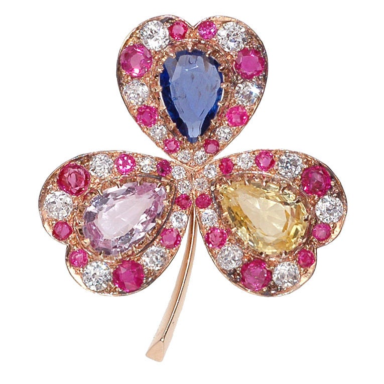 Antique Diamond Ruby and Sapphire Clover Pin at 1stDibs