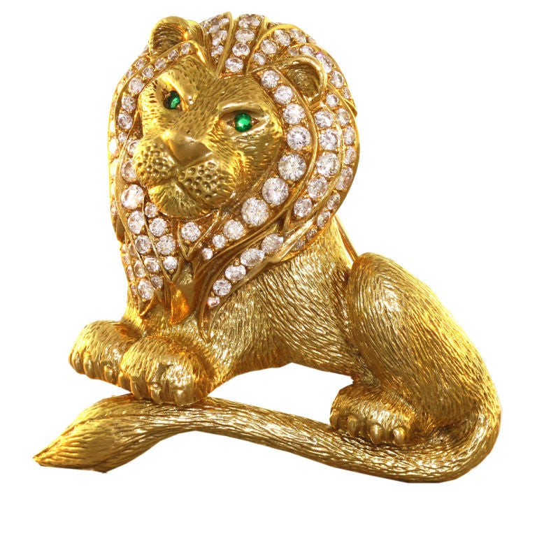 Gold Diamond Lion Brooch by FRED Paris at 1stDibs