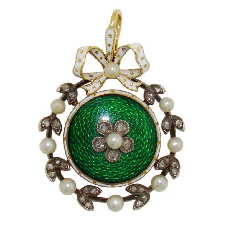 Victorian Diamond, Natural Pearl and Green Enamel Locket at 1stDibs