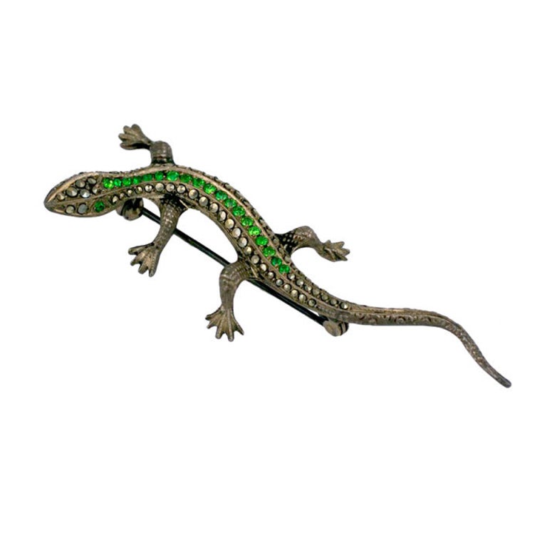 Marcasite and Emerald Paste Salamander Brooch For Sale at 1stdibs