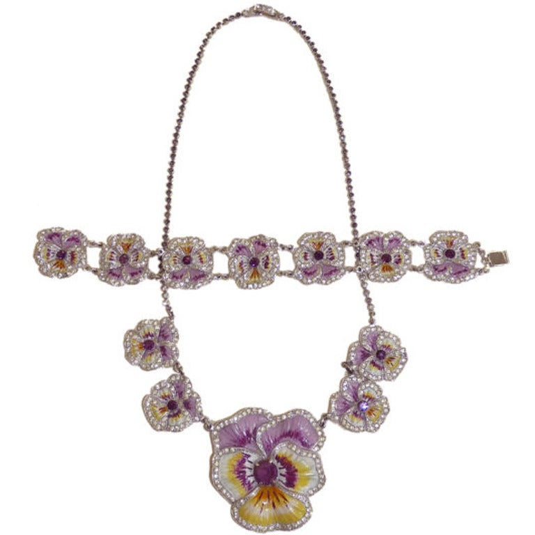 1930's Painted Pansy Necklace and Bracelet Set at 1stDibs