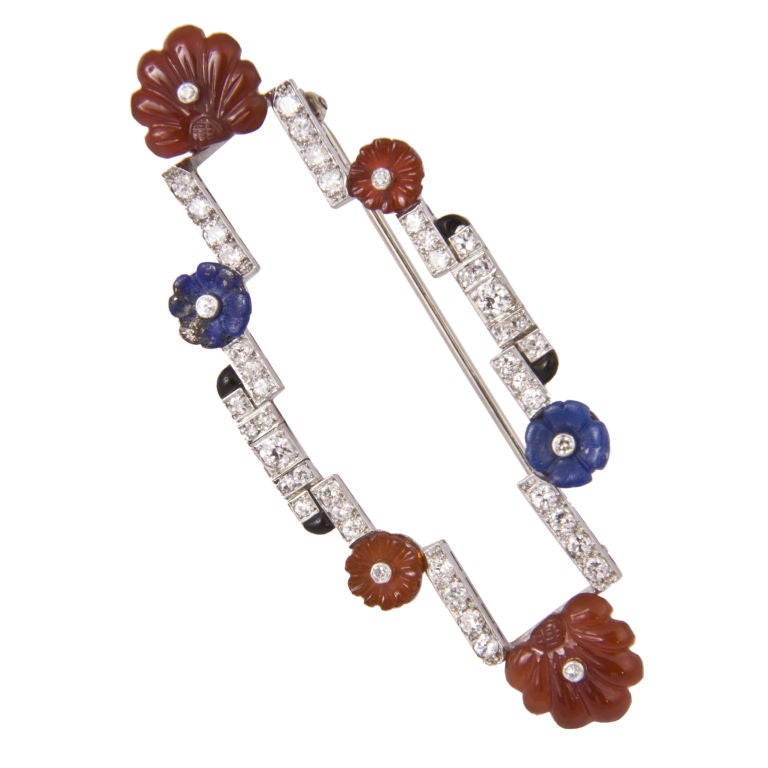 art deco platinum carved stone and diamond pin For Sale at 1stDibs