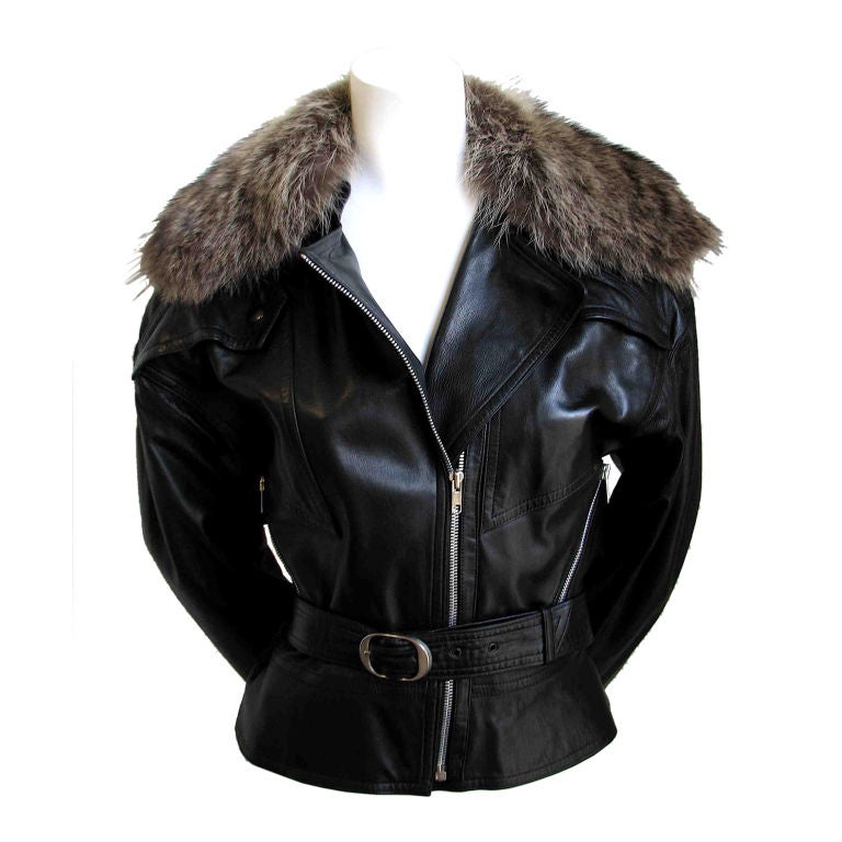THIERRY MUGLER leather motorcycle jacket with wolf fur trim at 1stDibs
