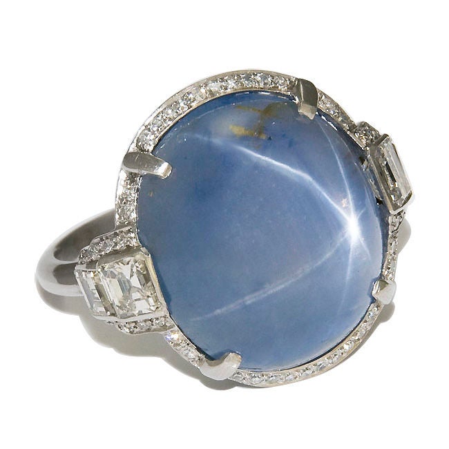 Art Deco Platinum Diamond and Star Sapphire Ring at 1stDibs