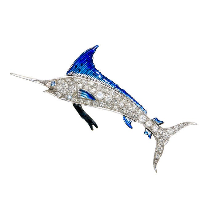 Art Deco Platinum Diamond and Enamel Swordfish Brooch at 1stDibs