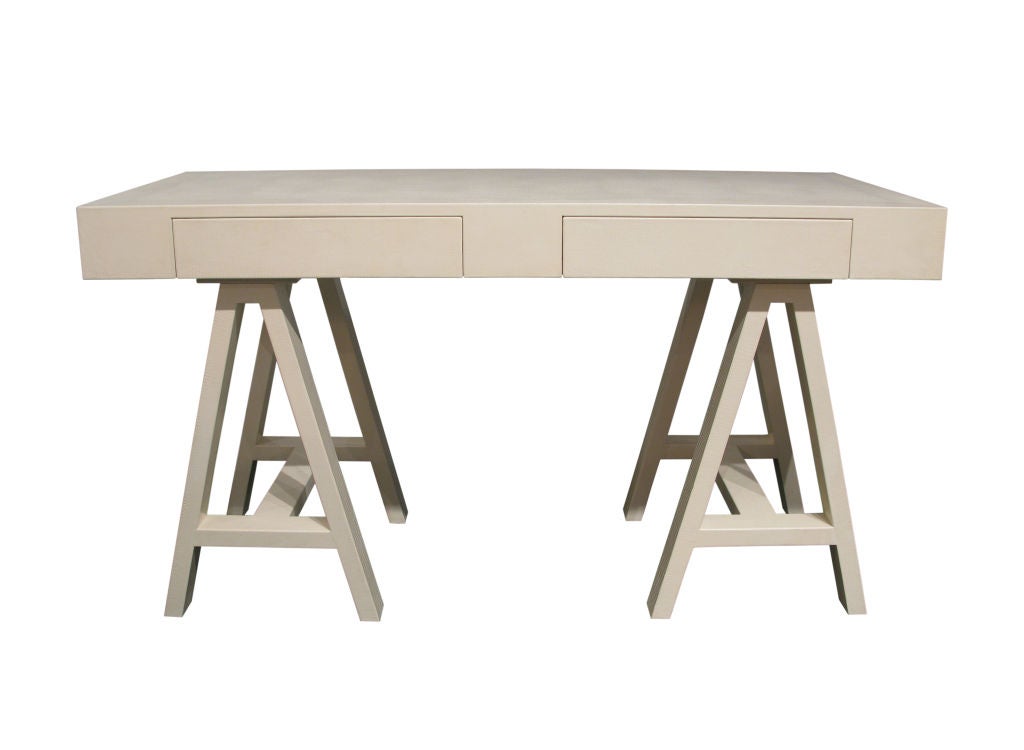 Desk with Sawhorse Bases Fully Clad in Lizard Embossed Leather at 1stDibs