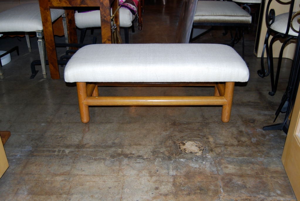 Jean Royere Oak Bench Upholstered in Silk at 1stDibs