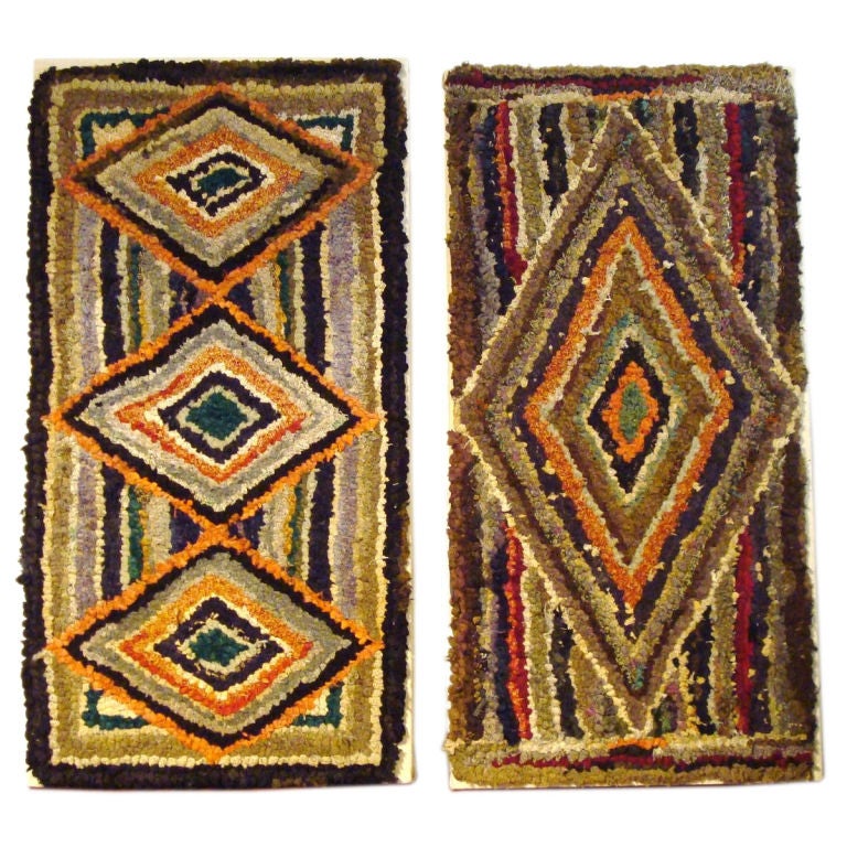 PAIR OF MOUNTED HAND HOOKED GEOMETRIC RUGS ON FRAMES at 1stDibs