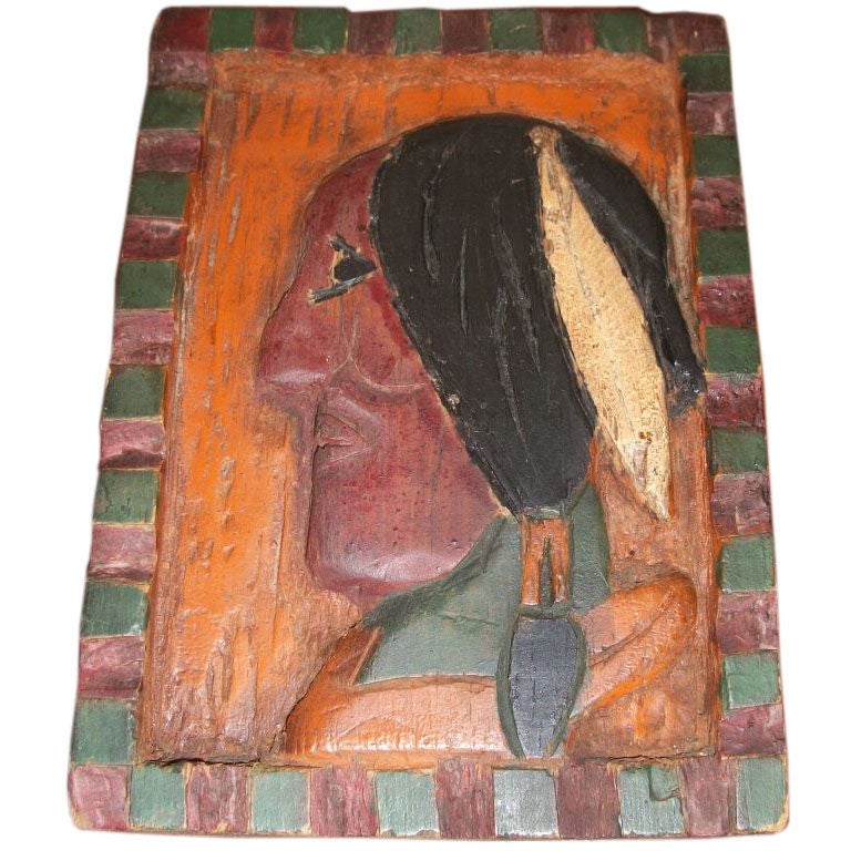 EARLY 20THC HAND CARVED and PAINTED WOOD INDIAN PLAQUE at 1stDibs