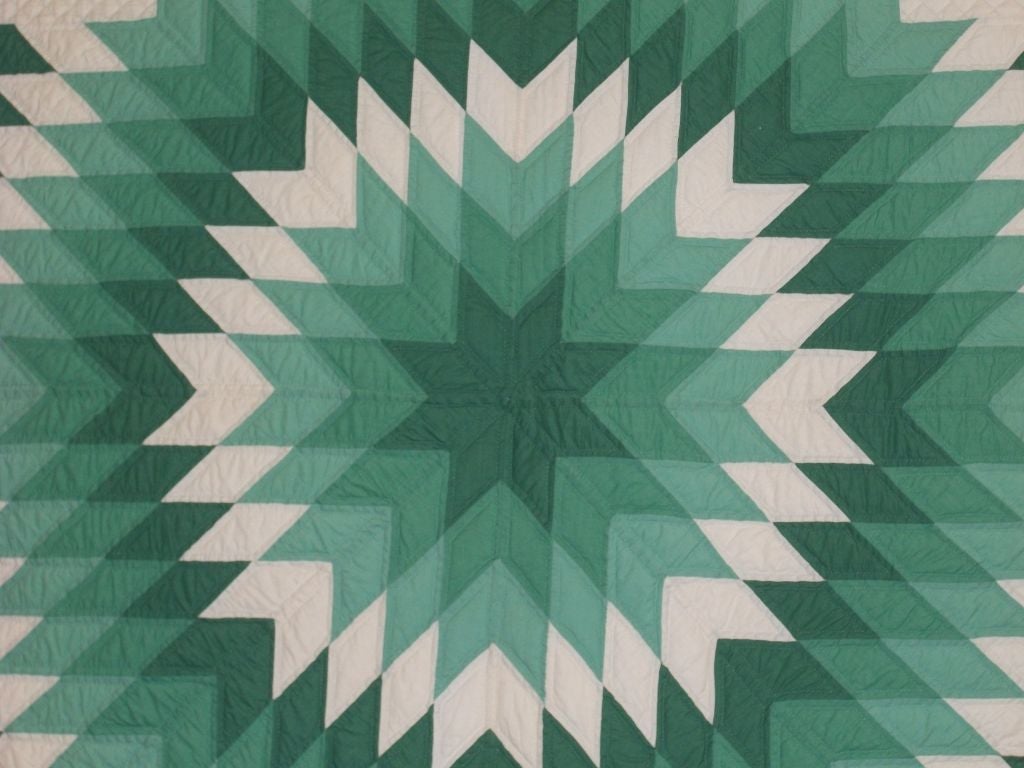 RARE GREEN and WHITE EARLY 20THC STAR QUILT/ FOUR SHADES OF GREEN at ...