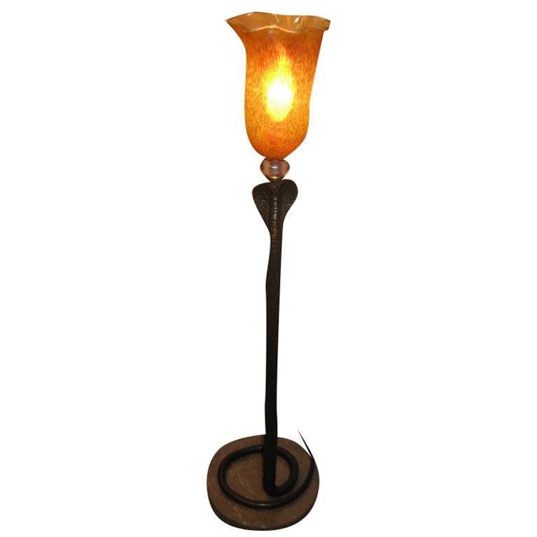 Very Rare, Monumental Loetz Lamp with Bronze Cobra Figural Form at 1stDibs