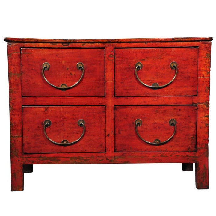 Red Lacquered Four Drawer Chest at 1stDibs