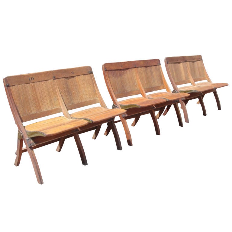 Classic Americana Oak Wood Stadium Benches (3 Available) at 1stDibs