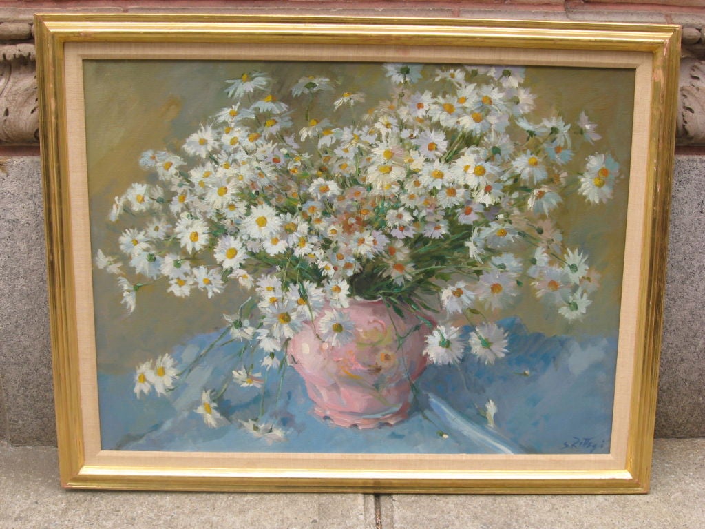 45" Oil Painting of Daisies by Listed Artist Steven Rettegi at 1stDibs ...