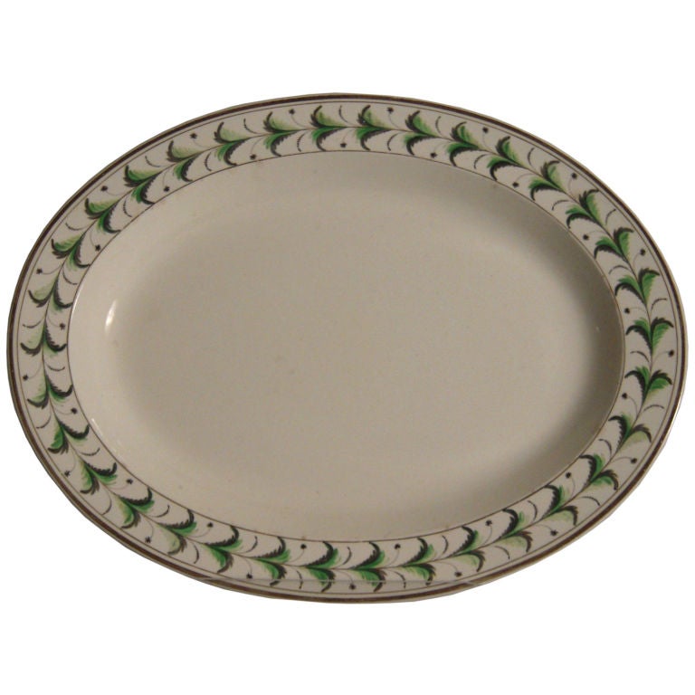 Staffordshire Oval Creamware Platter with Hand-Painted Green Decoration ...