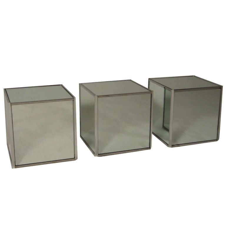 SET OF 3 VINTAGE MIRRORED CUBE TABLES, c. 1970s at 1stDibs
