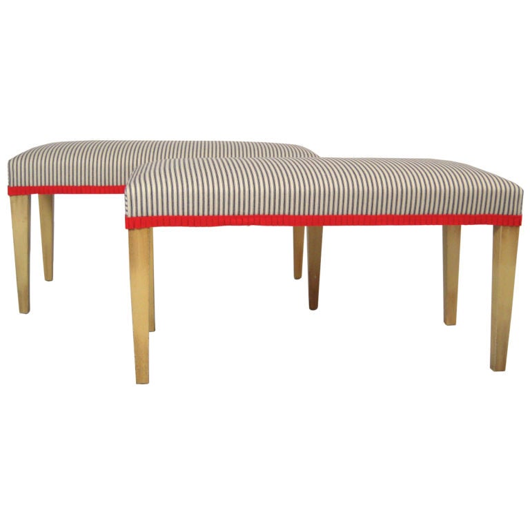 Pair of Benches In Blue Ticking With Red Trim at 1stDibs