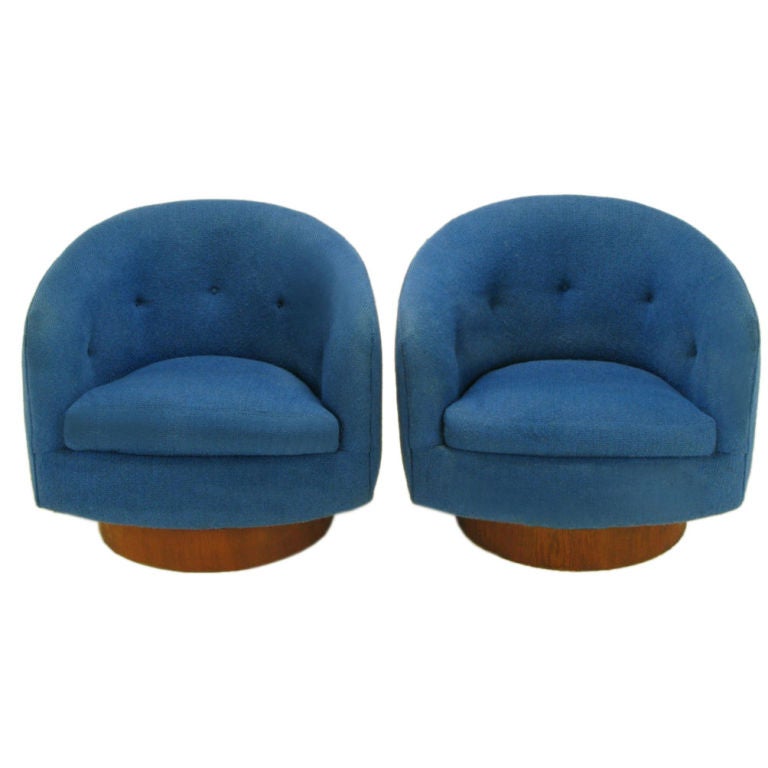 Pair Milo Baughman Persian Blue Blue Wool Swivel Chairs at 1stDibs