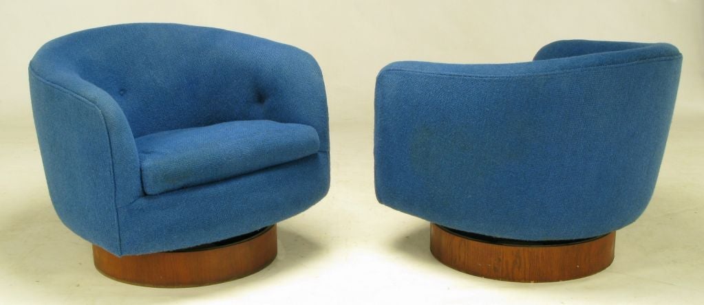 Pair Milo Baughman Persian Blue Blue Wool Swivel Chairs at 1stDibs