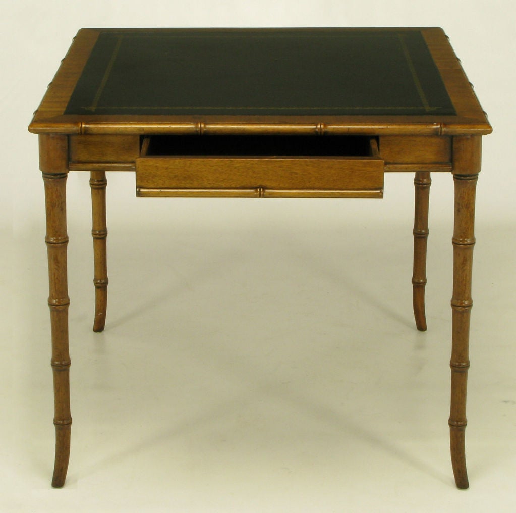 Carved Walnut and Black Tooled Leather Bamboo-Leg Game Table at 1stDibs