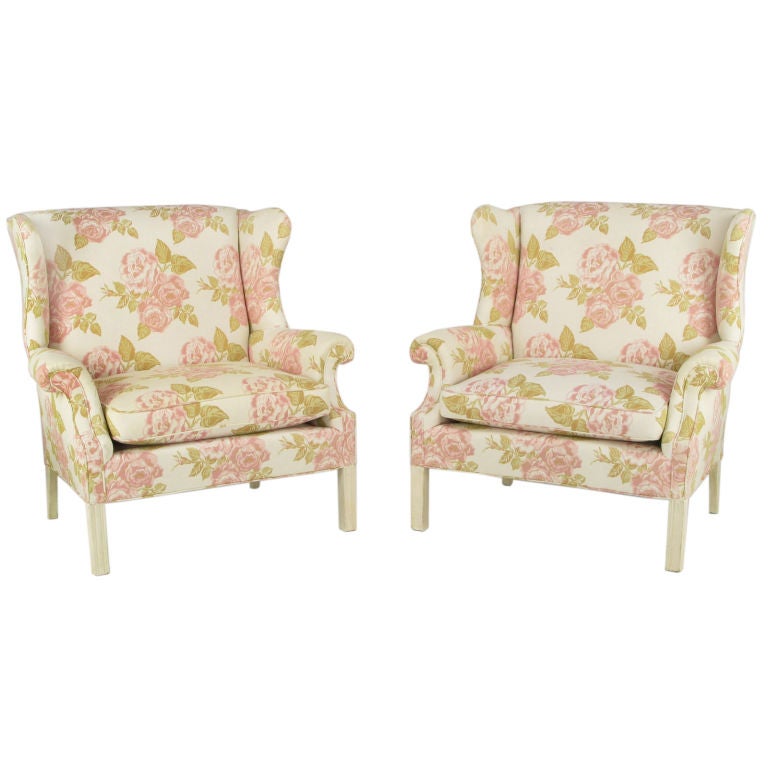 Pair Extra Wide Chippendale Wing Chairs In Rose Pattern Fabric at 1stDibs