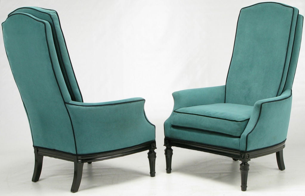 Pair Custom High Back Club Chairs In Turquoise Ultrasuede at 1stDibs