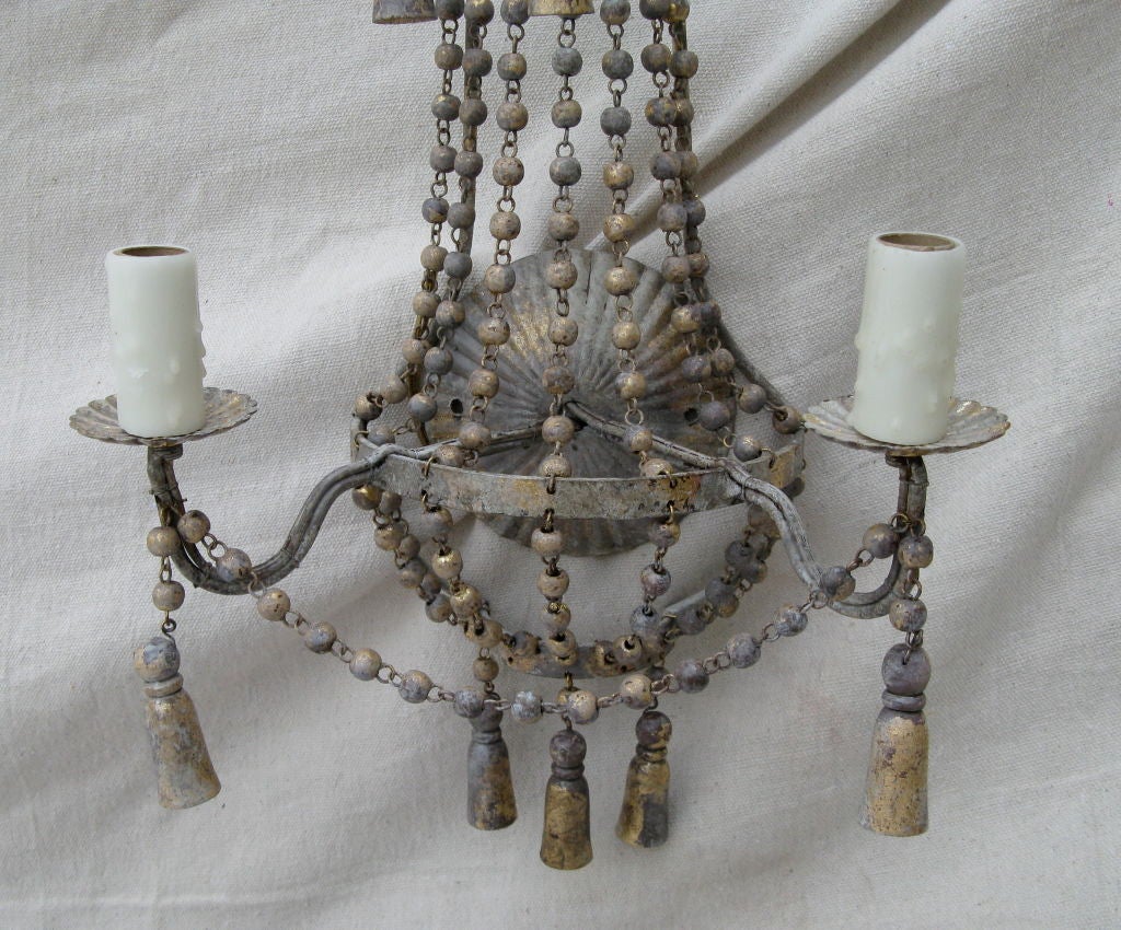 Pair of Wood Beaded 2-light sconces at 1stDibs