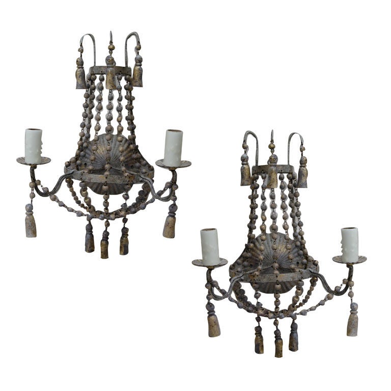 Pair of Wood Beaded 2-light sconces at 1stDibs