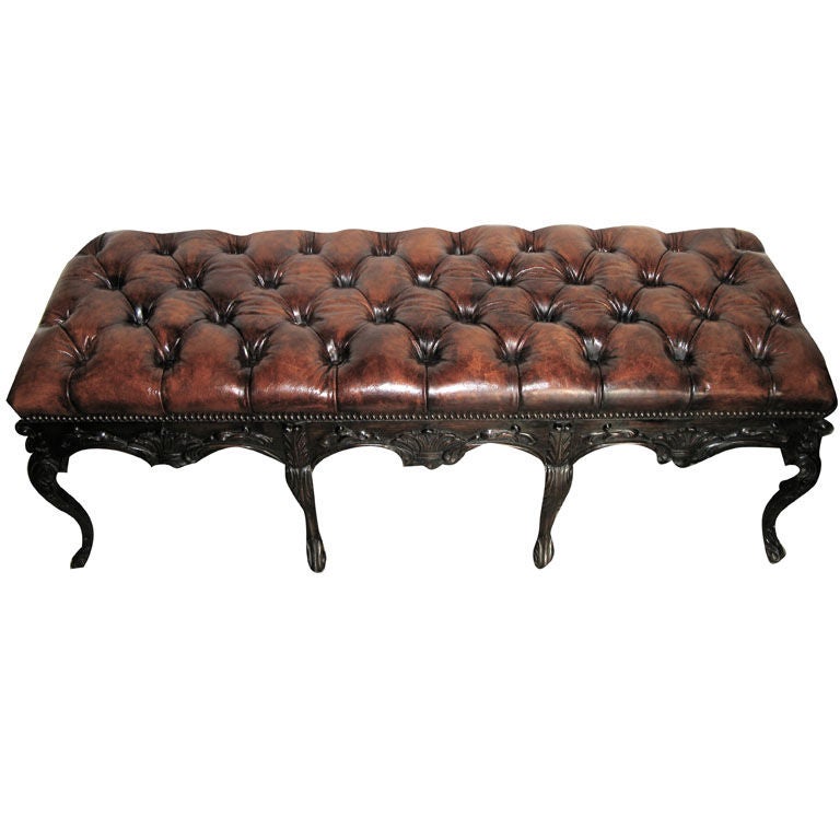 19th C. Continental Leather Tufted Walnut Bench at 1stDibs