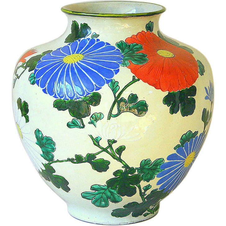 Japanese Kyoto Pottery Vase with Chrysanthemums at 1stDibs
