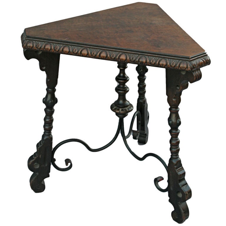 Unusual Triangular Spanish Revival Table w/Iron Stretcher at 1stDibs