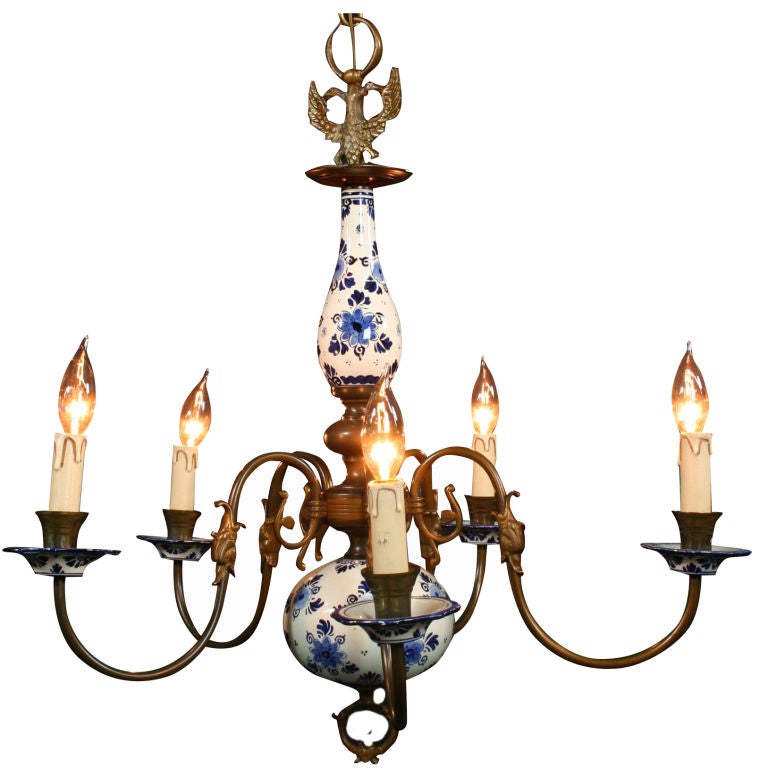Vintage Hand-Painted Blue Delft 6-Arm Chandelier at 1stDibs