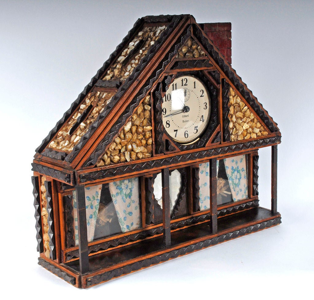 Whimsical Tramp Art House Shaped Clock Case with Shells and Heart at ...