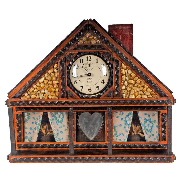 Whimsical Tramp Art House Shaped Clock Case with Shells and Heart at ...